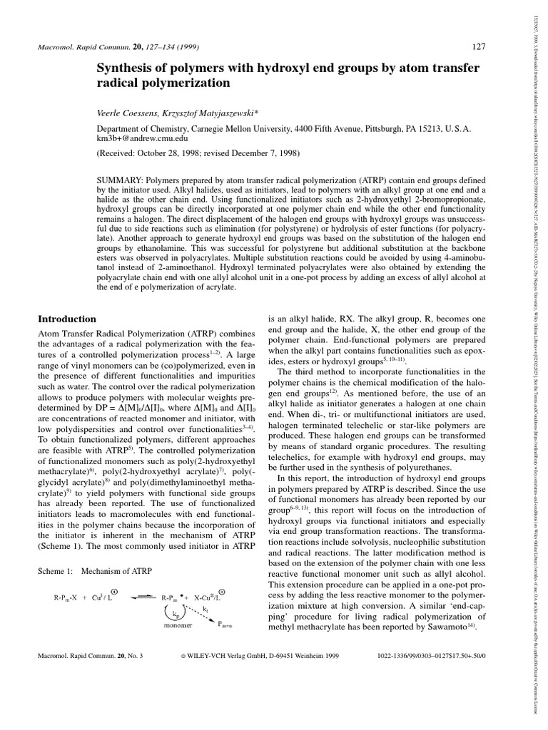 Synthesis and Characterization of Hydroxyl-Terminated Polymers via Atom Transfer Radical ...