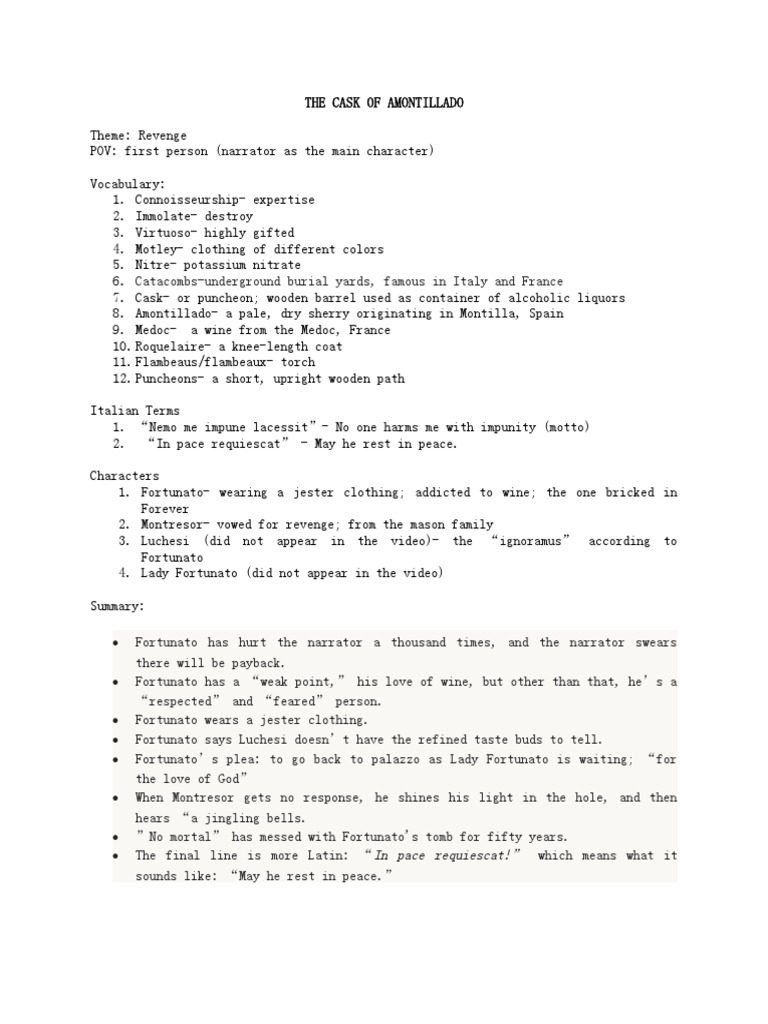 Summary of The - Cask - of - Amontillado | PDF