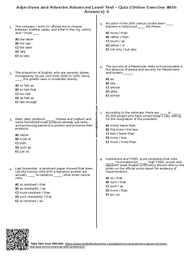 342 - Adjectives and Adverbs Advanced Level Test Quiz Online Exercise ...