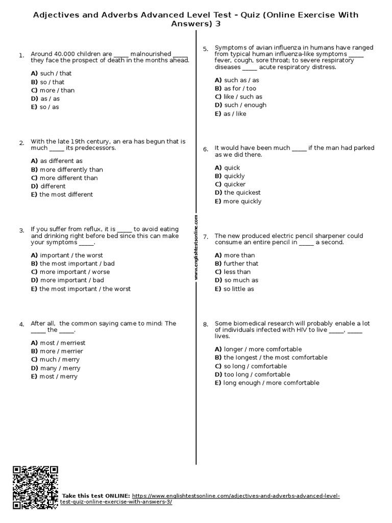 341 - Adjectives and Adverbs Advanced Level Test Quiz Online Exercise ...