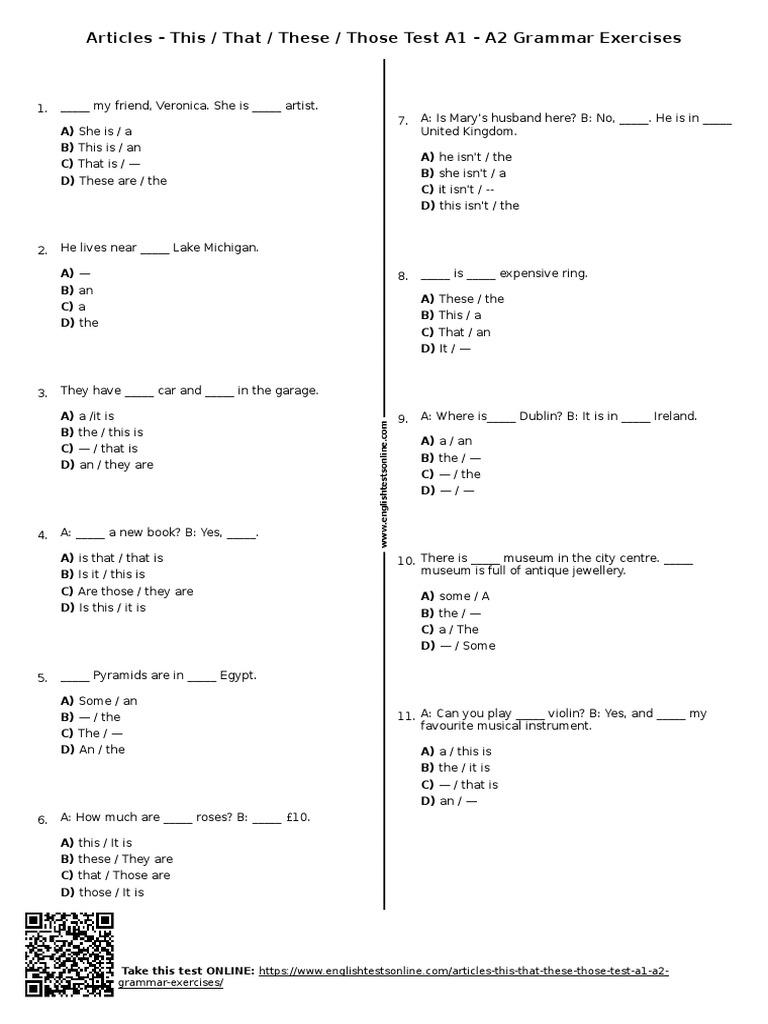 446 - Articles This That These Those Test A1 A2 Grammar Exercises | PDF