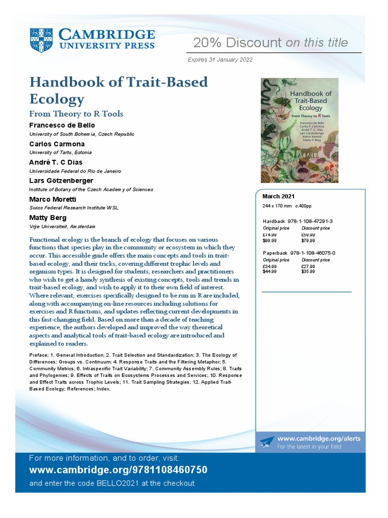 Handbook Of Trait Based Ecology Flyer Updated Pdf Ecology Science
