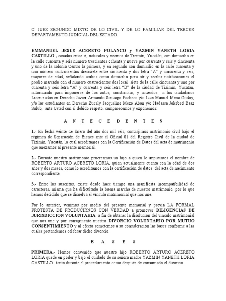Divorcio Voluntario Por Mutuo Acuerdo Pdf Divorcio Parentesco Y