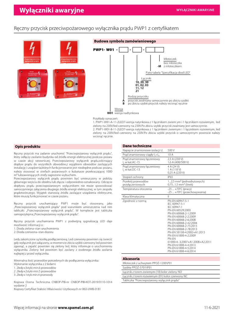 SPAMEL PL Przeciwpozarowy Wylacznik Pradu PWP1 Certyfkat | PDF