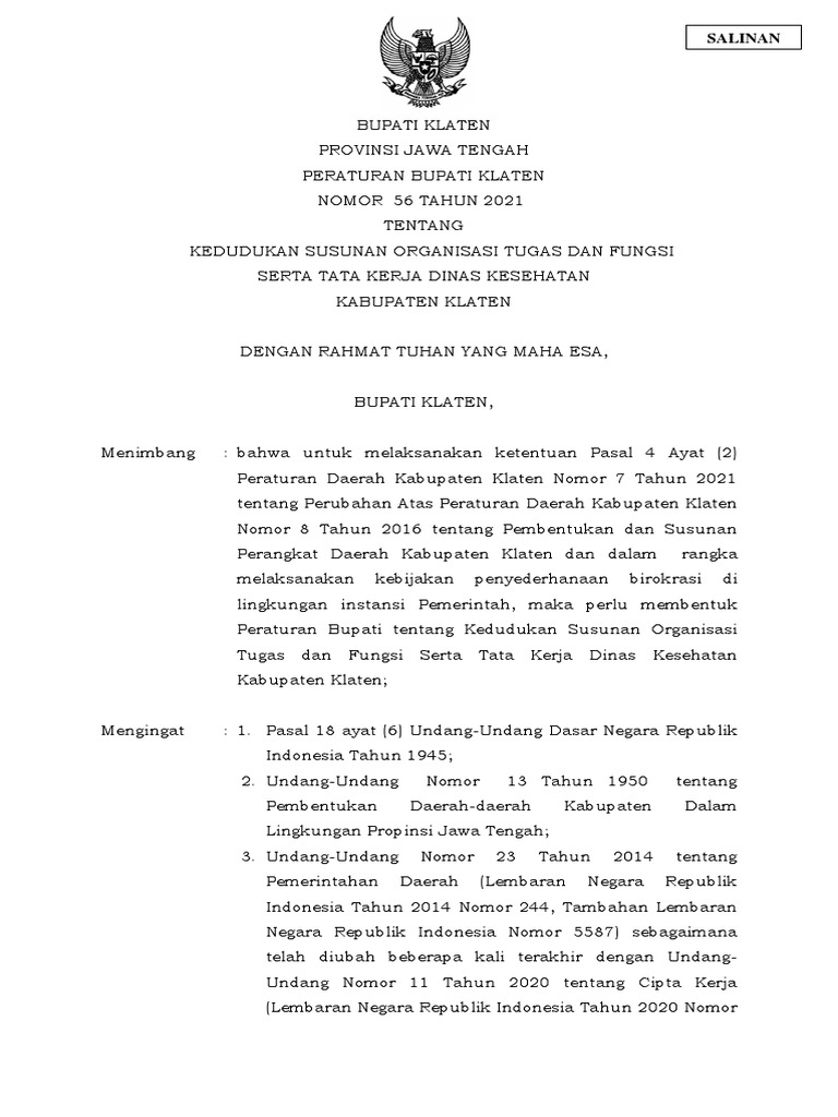 Perbup Nomor 56 Tahun 2021 Tentang SOTK Dinas Kesehatan | PDF
