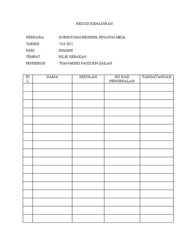 Rekod Kehadiran Kursus Pegawai Meja | PDF