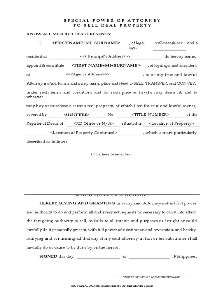 Fillin Form - SPA To Sell Real Property (With Notarial Acknowledgment ...