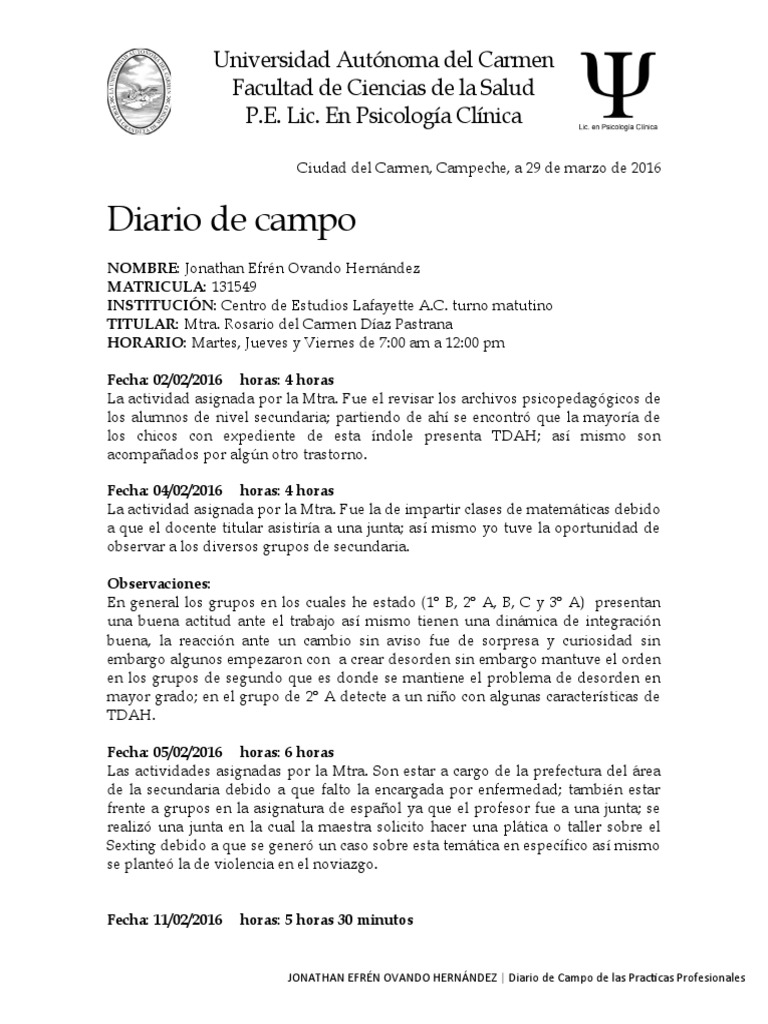 Diario de Campo en Psicología Clínica | PDF | Desorden hiperactivo y ...