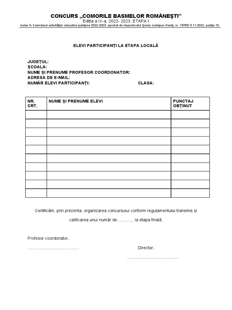 Tabel Elevi Participanți - Etapa I - Comorile2023 | PDF