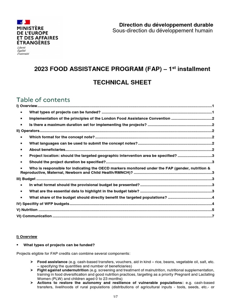 2023 Food Assistance Programme Fap - 1st Installment Technical Sheet ...