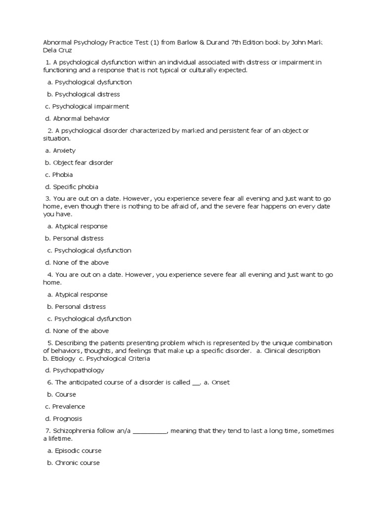 Abnormal Psychology Practice Test | PDF | Anxiety Disorder | Diagnostic ...