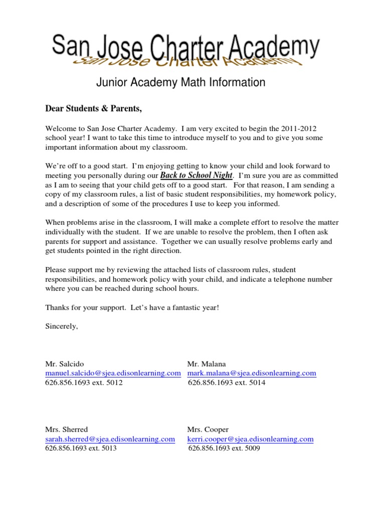 First Day Math Info (Parents) - 1112 | PDF | Homework | Textbook