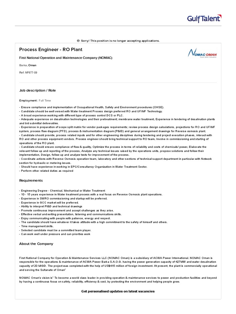 RO Plant Process Engineer Role | PDF | Desalination | Water Treatment
