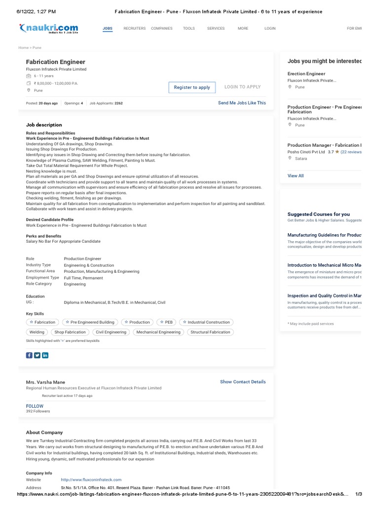 Fabrication Engineer - Pune - Fluxcon Infrateck Private Limited - 6 To ...