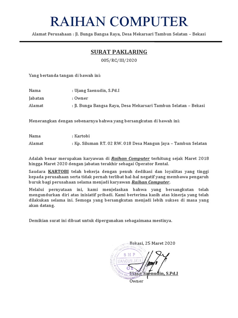 Contoh Surat Paklaring | PDF