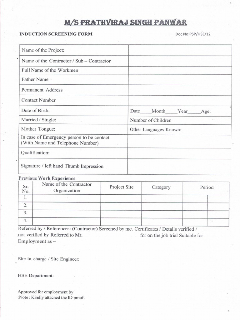INDUCTION Screening Form | PDF