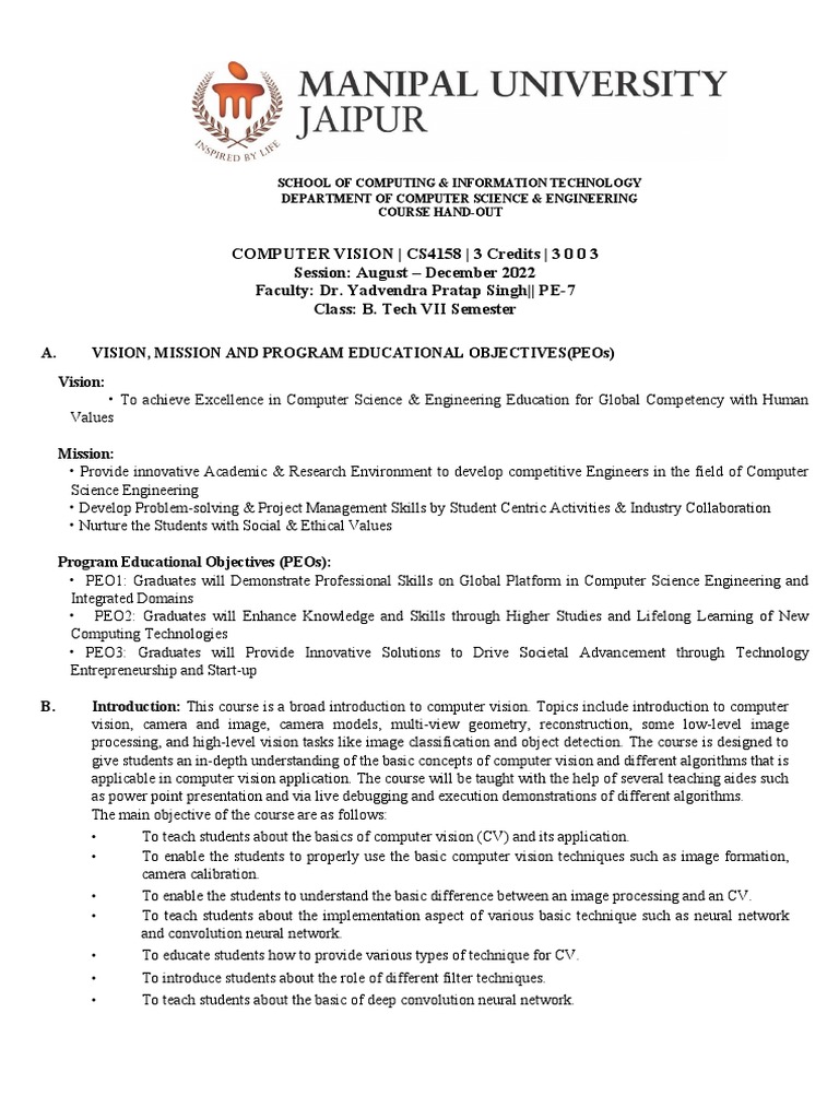 CourseHandout - Computer Vision CS4158 | PDF | Computer Vision | Engineering