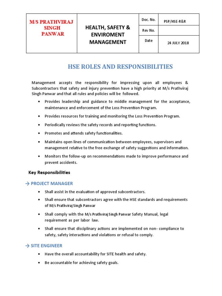 HSE Roles and Responsibilities Overview | PDF | Occupational Safety And ...