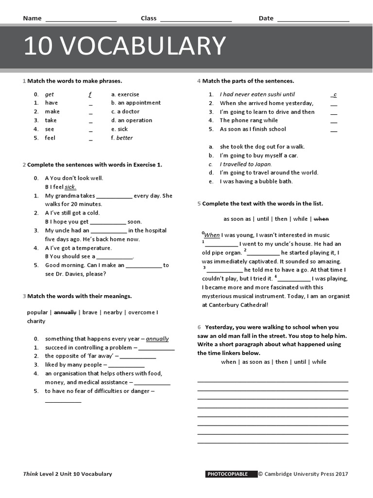 THINK L2 Unit 10 Vocabulary | PDF