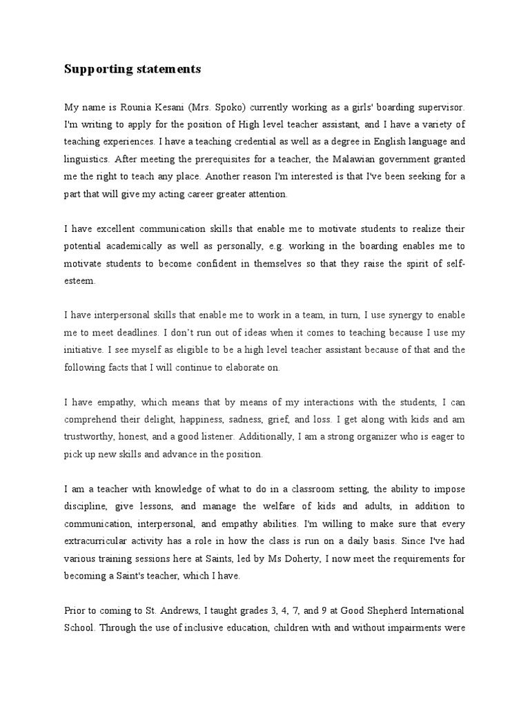 Supporting Statements For HLTA | PDF | Teachers | Inclusion (Education)