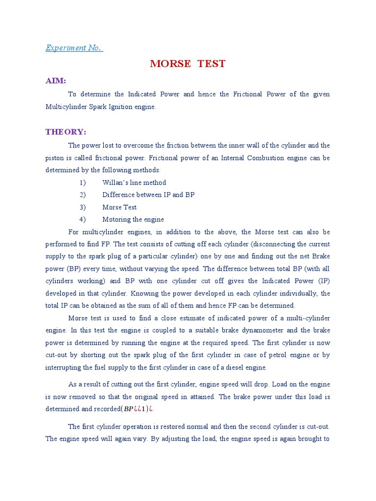Morse Test | PDF | Internal Combustion Engine | Engines