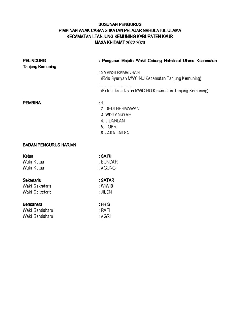 C - Form-Susunan-Pengurus-PAC IPNU TJ Kemuning | PDF