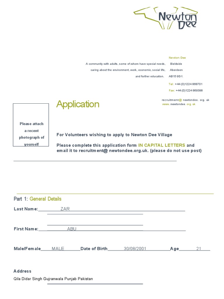 Newton Dee Volunteer Application Form | PDF