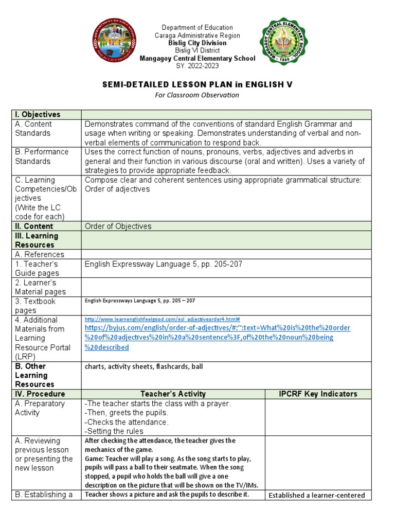 English V Lesson Plan: Order of Adjectives | PDF | English Language ...