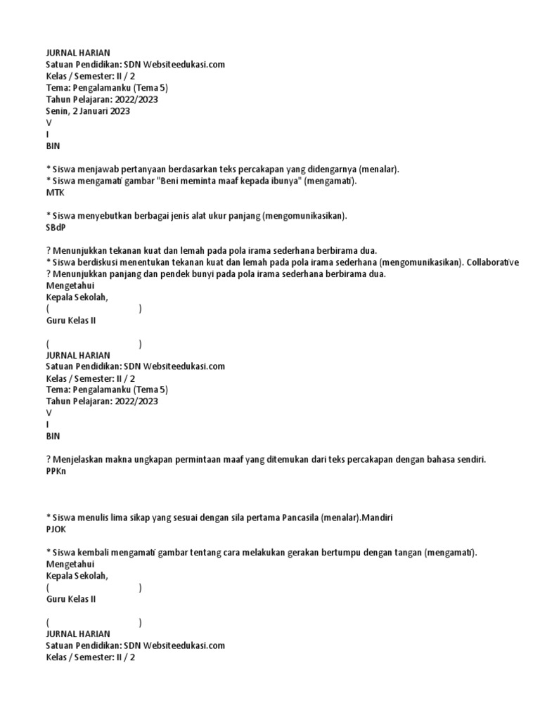 Jurnal Kelas 2 Tema 5 | PDF