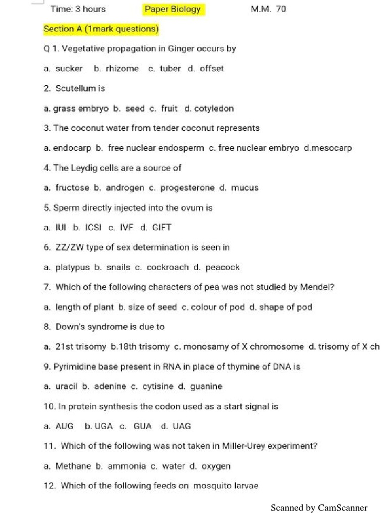 Question Paper With Ans - Key (+2 Biology) | PDF