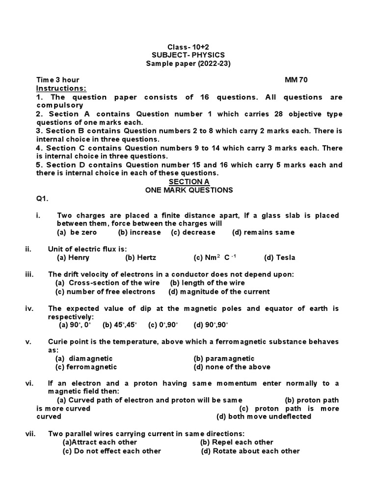 Sample Paper 2 Physics 1 15 01 23 Pdf Applied And