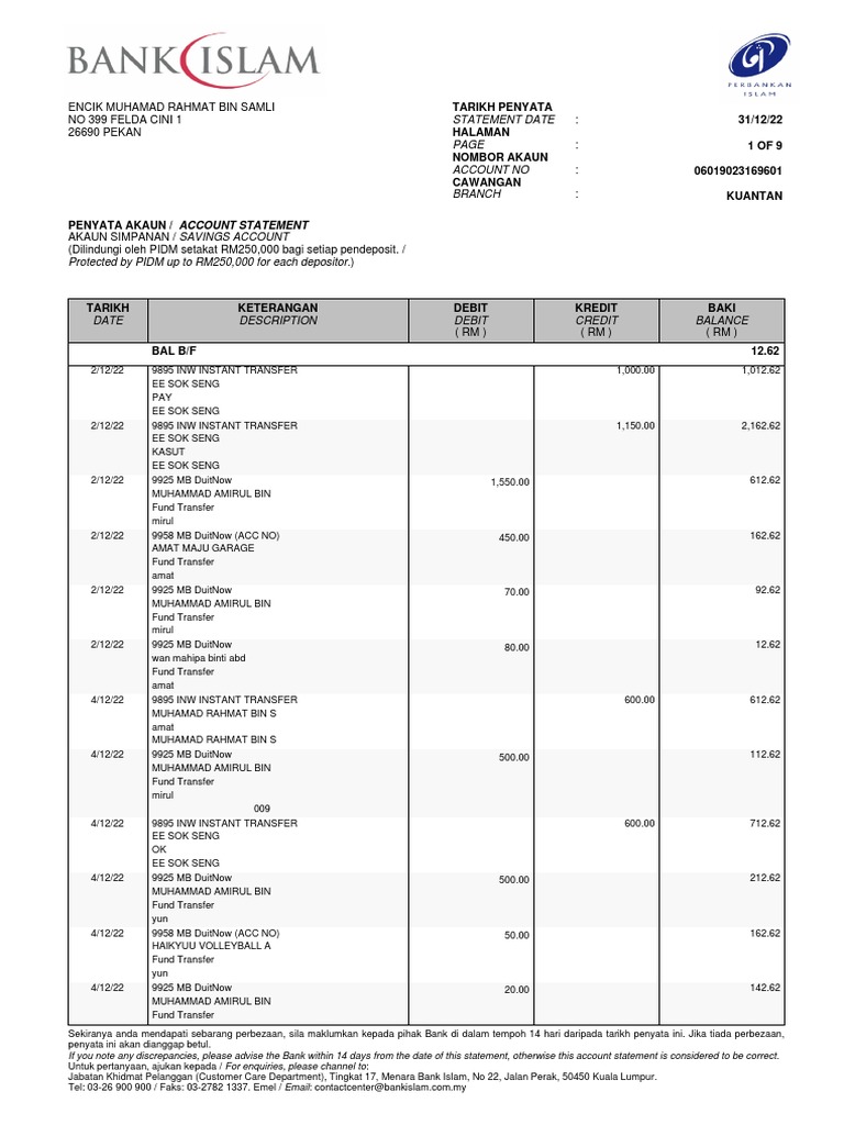 Bank Statement Bulan 12 | PDF | Debit Card | Deposit Account