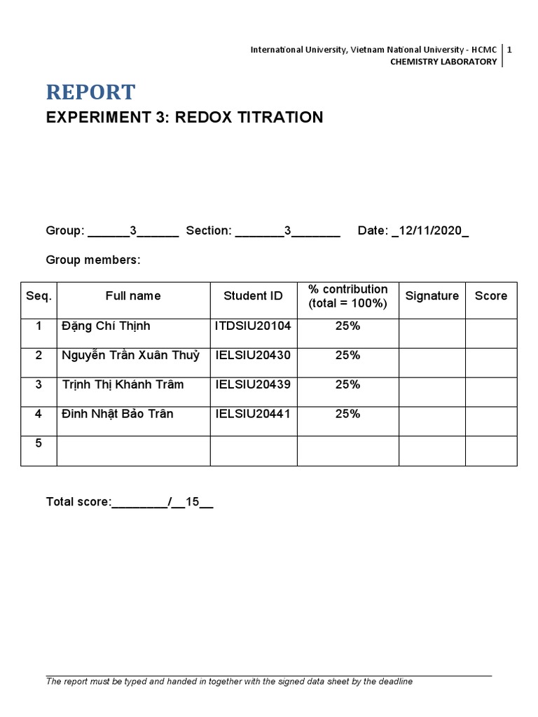 Report Chem-Lab Grading-1 | PDF | Redox | Titration