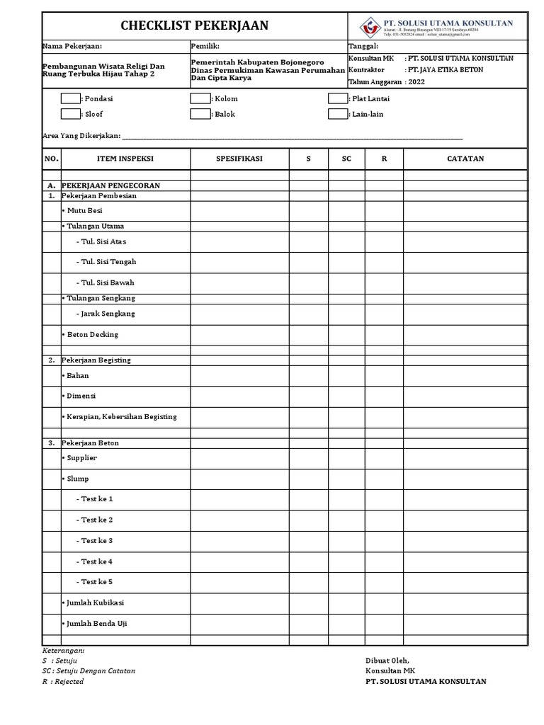 Checklist Pekerjaan Konstruksi 2022 | PDF