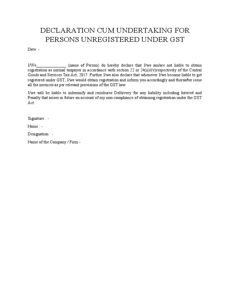 Declaration Cum Undertaking For Persons Unregistered Under GST | PDF