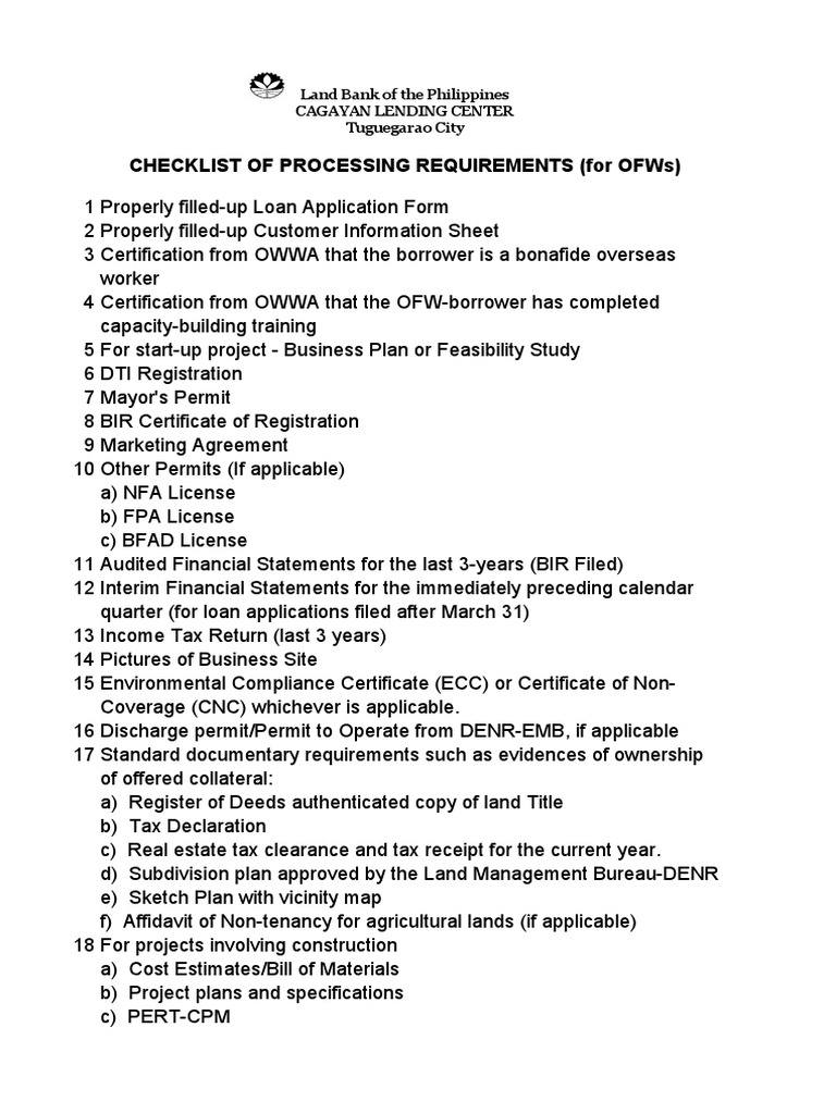 OFW Loan Requirements Checklist | PDF