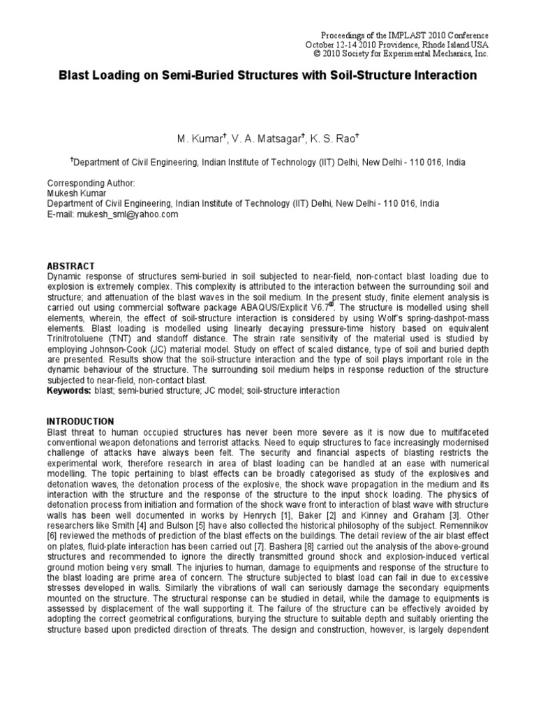 IMPLAST 2010 SEM Fall s007p03 Blast Loading Semi Buried Structures With Soil Structure | PDF ...