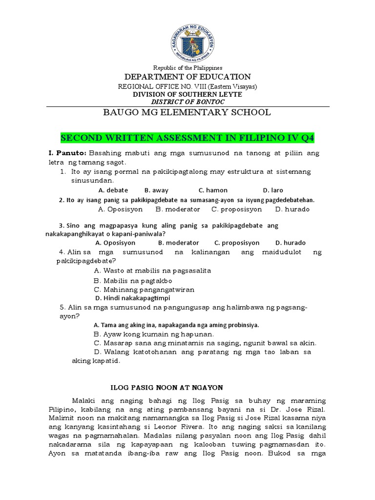 Filipino 2ND WRITTEN ASSESSMENT Q4 | PDF