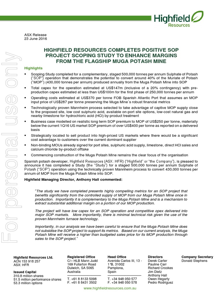 Highfield Resources Completes Positive Sop Project Scoping Study To ...