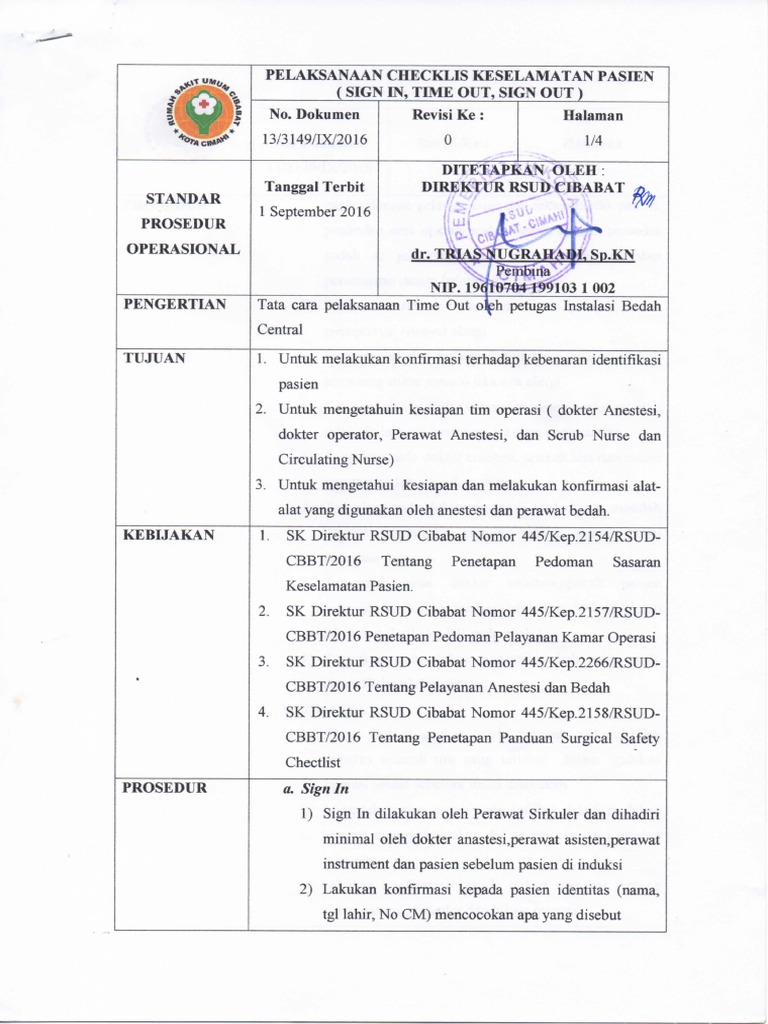 Spo Pelaksanaan Checklist Keselamatan Pasien (Sign In, Time Out, Sign ...