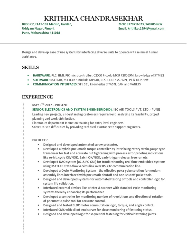 Krithika Chandrasekhar - Resume | PDF | Microcontroller | Programmable Logic Controller