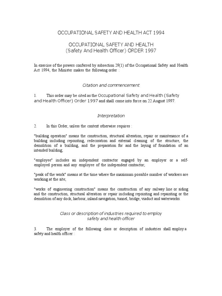 Occupational Safety and Health (Safety and Health Officer) Order 1997 ... Occupational Safety and Health (Safety and Health Officer) Order 1997 ...