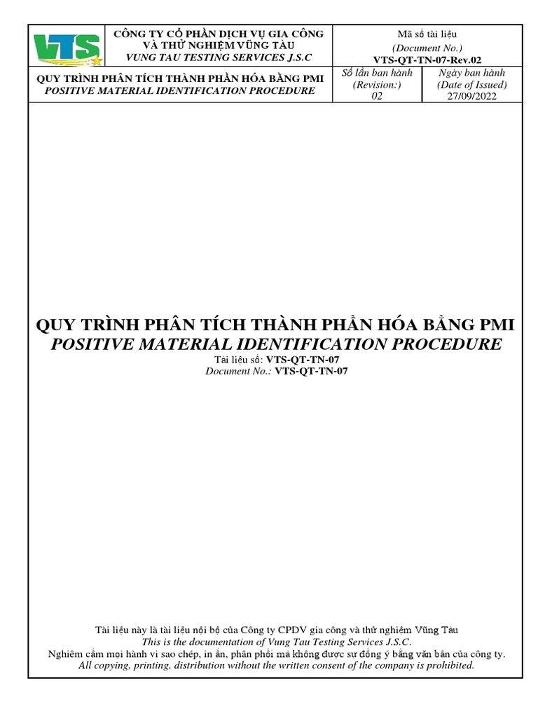 7. VTS-QT-TN-07-Rev 02- QUY TRÌNH PHÂN TÍCH THÀNH PHẦN HÓA HỌC BẰNG MÁY PMI | PDF