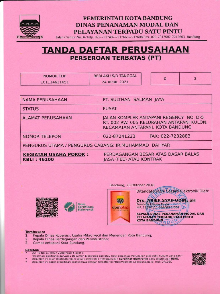 Tanda Daftar Perusahaan: Perseroan Terbatas (PT) | PDF