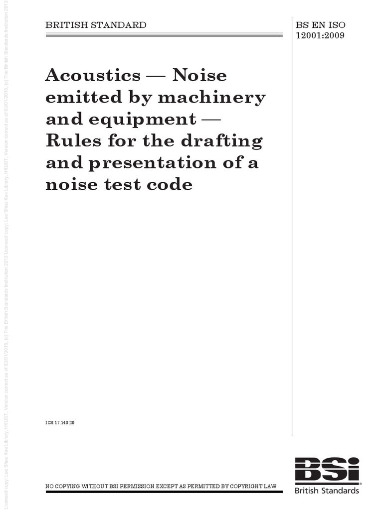 (BS en ISO 12001 - 2009) - Acoustics. Noise Emitted by Machinery and ...