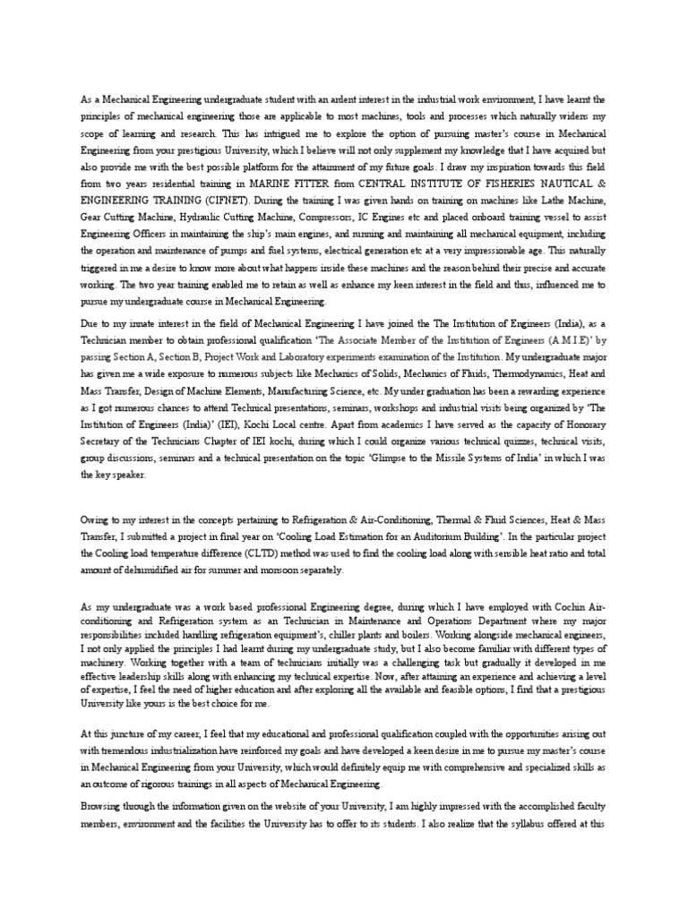 Statement of Purpose | PDF | Mechanical Engineering | Engineering