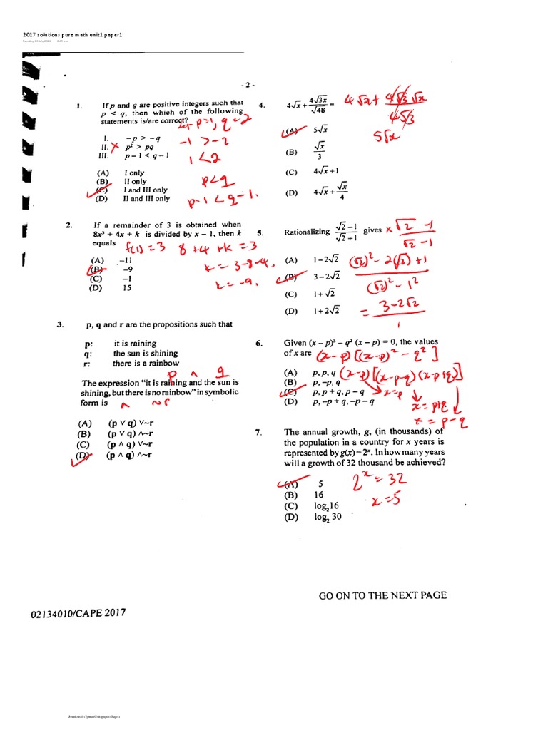 Solutions 2017 Pmathunit 1 Paper 1 | PDF