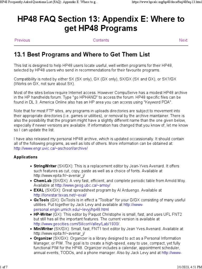HP48 Frequently Asked Questions List (FAQ) Appendix E Where To Get HP48 Programs | PDF | Faq | Dos