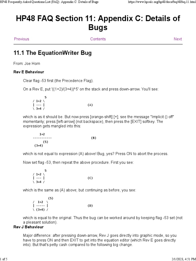 HP48 Frequently Asked Questions List (FAQ) Appendix C Details of Bugs ...