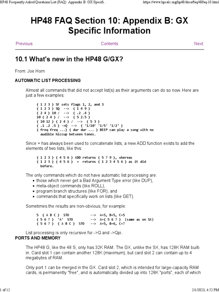 HP48 Frequently Asked Questions List (FAQ) Appendix B GX Specific ...